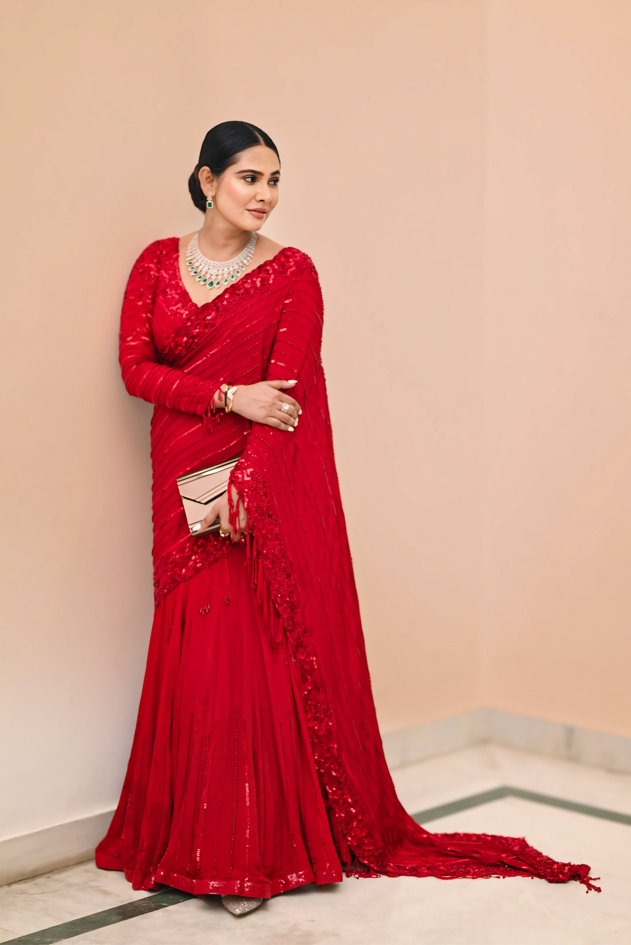 Shop Red Fish Cut Drape Saree Online | Nidhika Shekhar