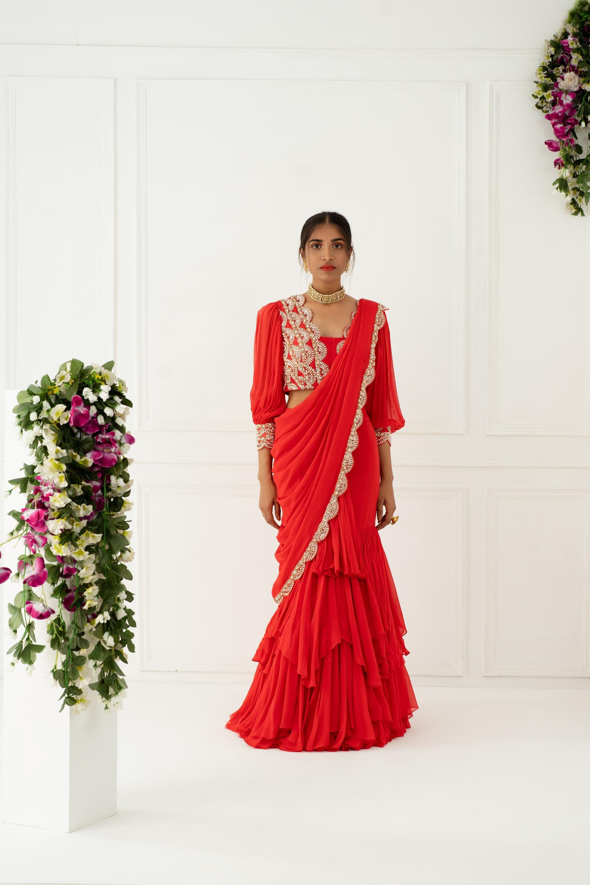 Designer Fuchsia Fish Cut Drape Saree Set | Nidhika Shekhar