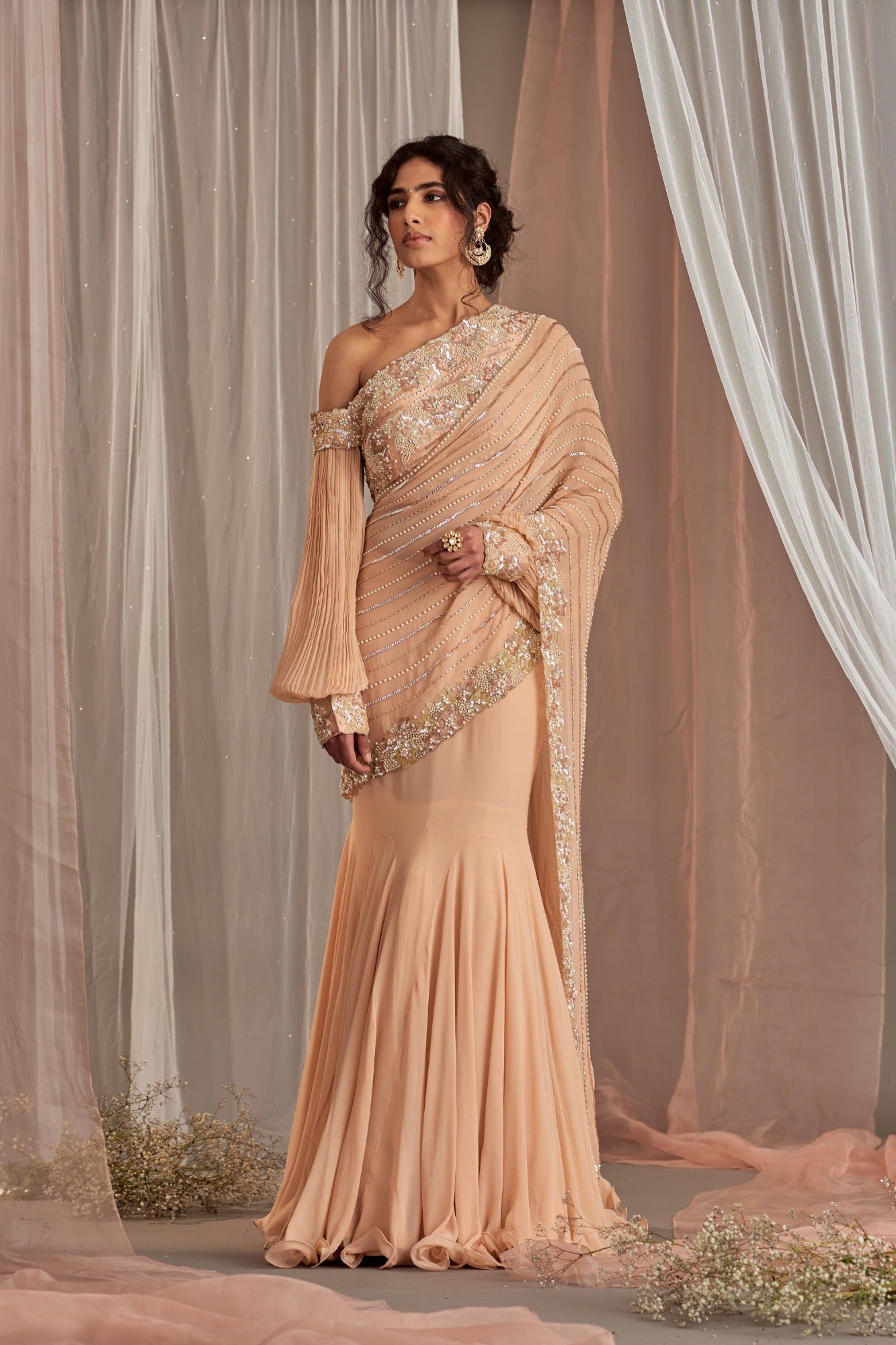 Salmon Embroidered Pink Fish Cut Saree Online